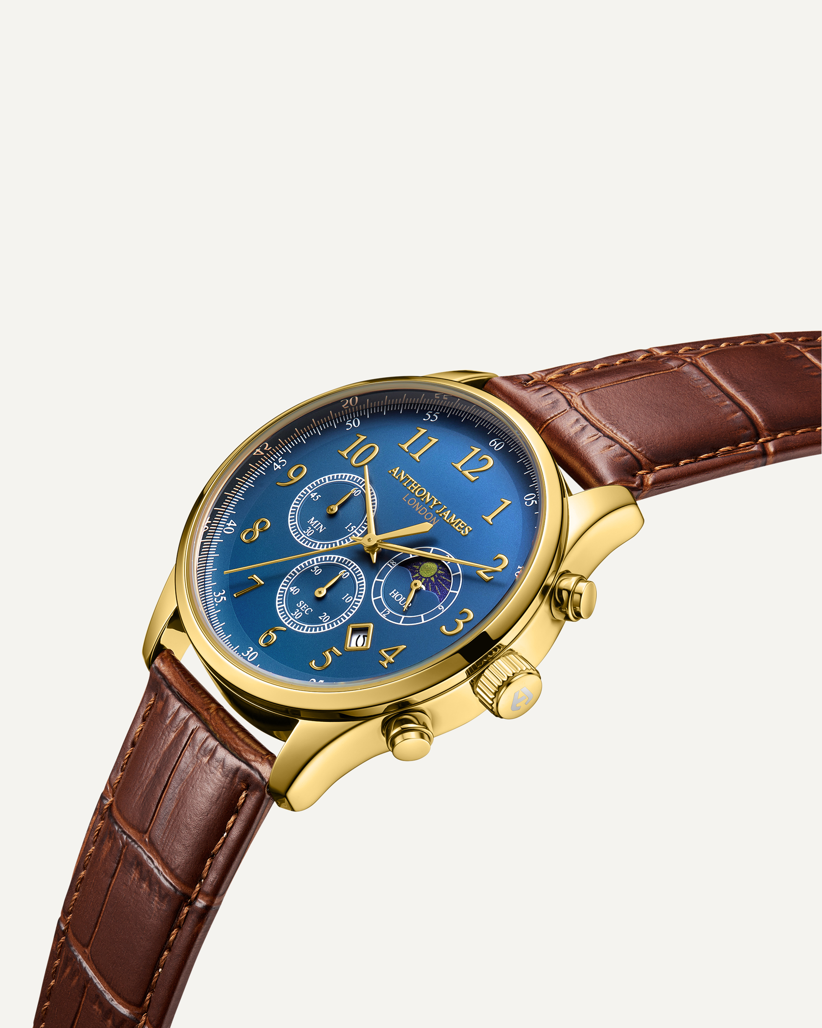 Moonphase Chronograph Gold Blue – anthonyjameswatches